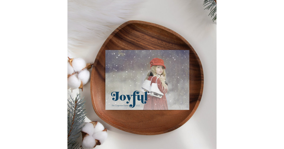 Simple Joyful Overlay Photo Navy Holiday Card | Zazzle