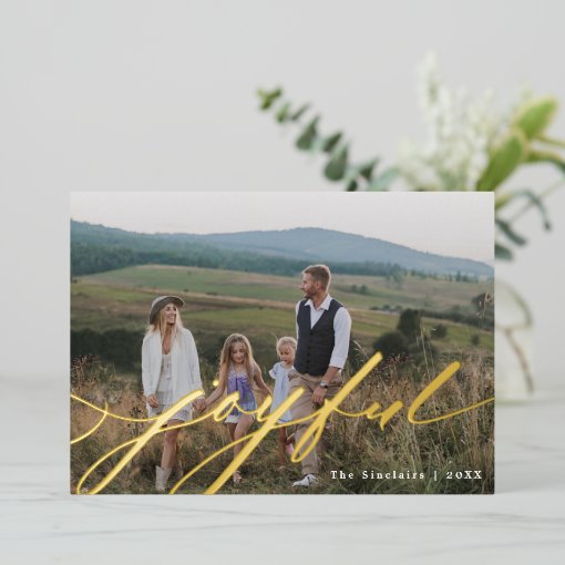 Simple Joyful Script Overlay Photo Foil Holiday Card | Zazzle