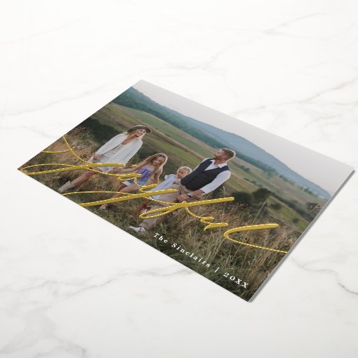 Simple Joyful Script Overlay Photo Foil Holiday Card | Zazzle