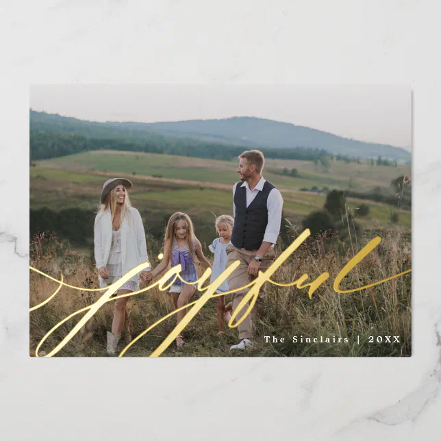Simple Joyful Script Overlay Photo Foil Holiday Card | Zazzle