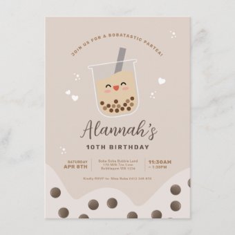 Simple Kawaii Boba Bubble Milk Tea Birthday Invitation | Zazzle