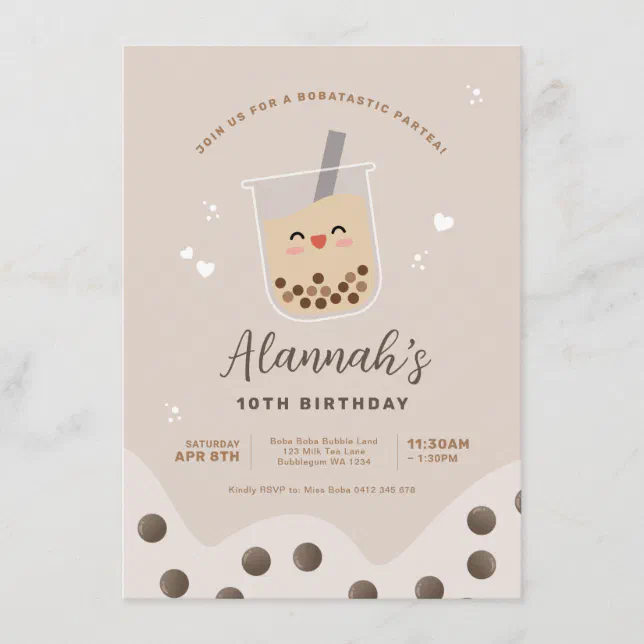 Simple Kawaii Boba Bubble Milk Tea Birthday Invitation | Zazzle