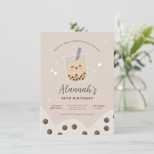 Simple Kawaii Boba Bubble Milk Tea Birthday Invitation | Zazzle