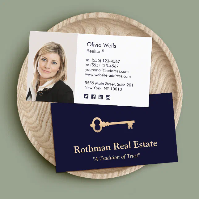 Simple Key Front Navy Real Estate Photo] Calling Card | Zazzle