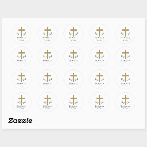 Simple Leaves and Cross First Holy Communion Classic Round Sticker | Zazzle