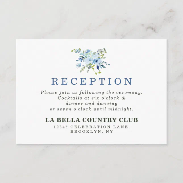 Simple Light Blue Navy Floral Wedding Reception Enclosure Card | Zazzle
