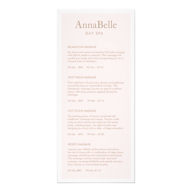 Simple Light Pink Spa Salon Price List Menu | Zazzle