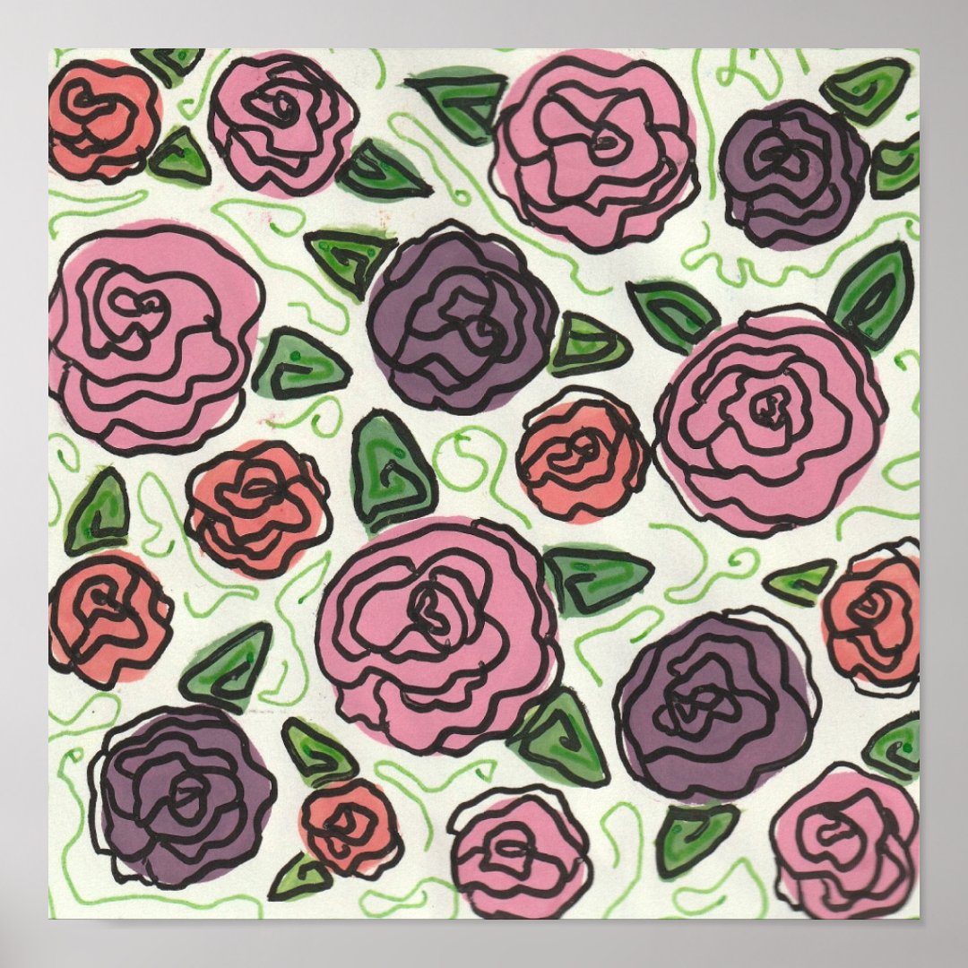 Simple Line Drawing of Red and Purple Roses Poster | Zazzle