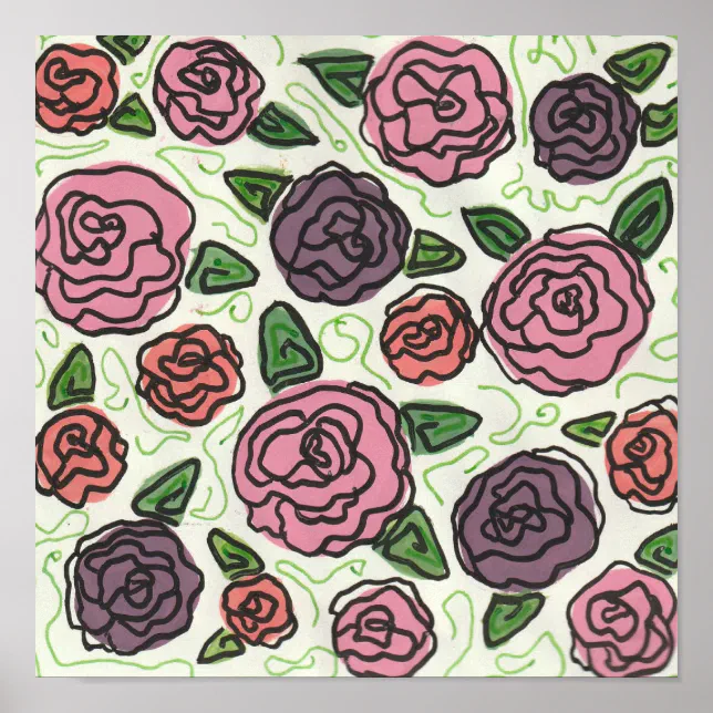 Simple Line Drawing of Red and Purple Roses Poster | Zazzle