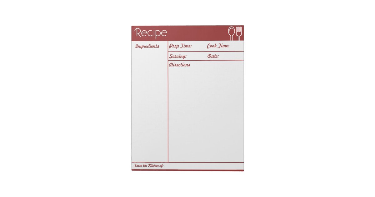 Simple Line-less Red Recipe Page Notepad | Zazzle