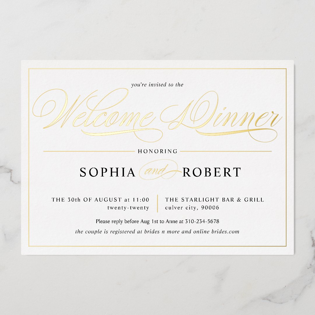Simple Lines Calligraphy Elegant Welcome Dinner Foil Invitation | Zazzle