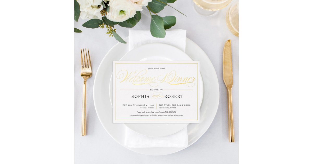 Simple Lines Calligraphy Elegant Welcome Dinner Foil Invitation | Zazzle