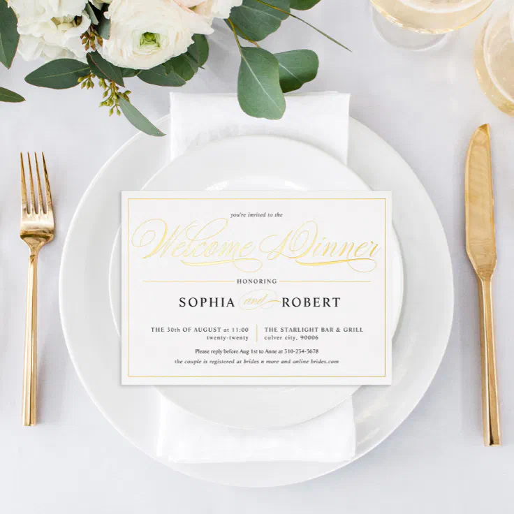 Simple Lines Calligraphy Elegant Welcome Dinner Foil Invitation | Zazzle