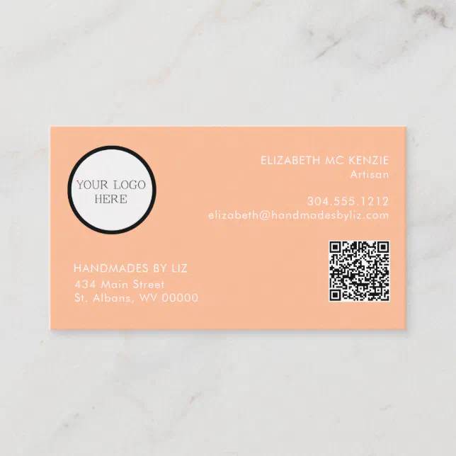 Simple Logo and QR Code Peach Business Card | Zazzle