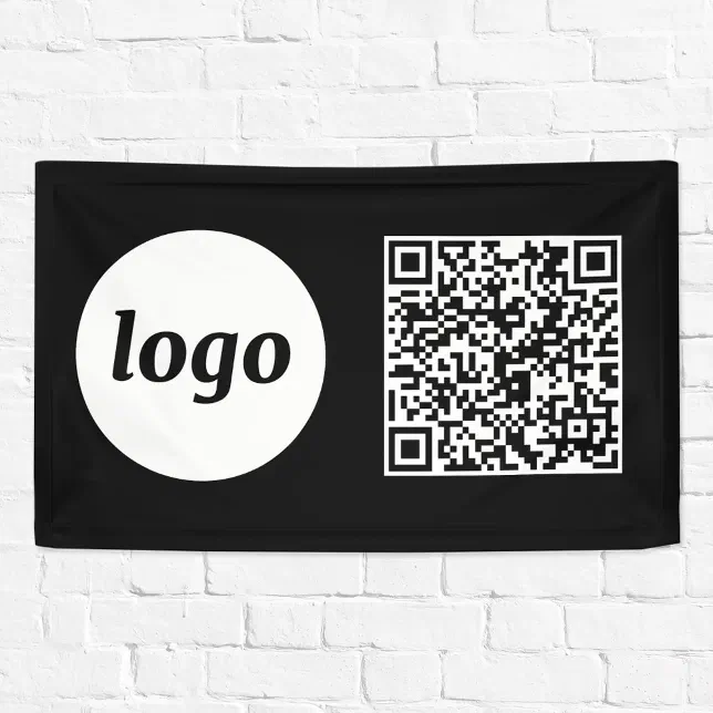 Simple Logo and Text Business QR Code Black Banner | Zazzle