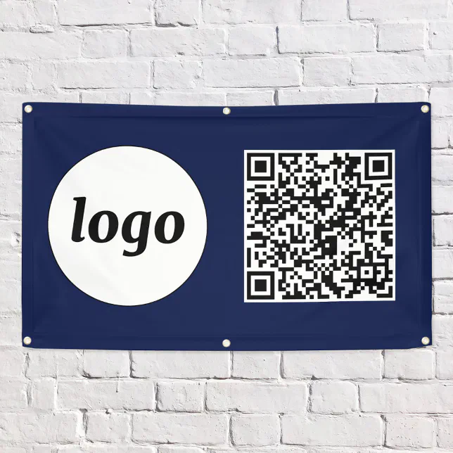 Simple Logo and Text Business QR Code Navy Blue Banner | Zazzle