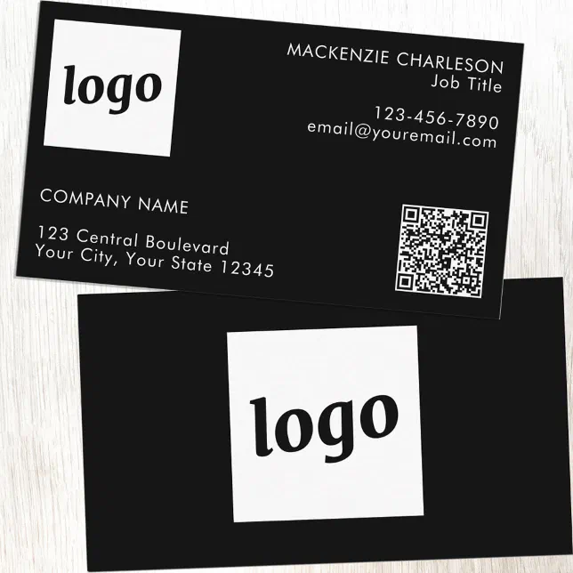Simple Logo and Text QR Code Black Business Card | Zazzle