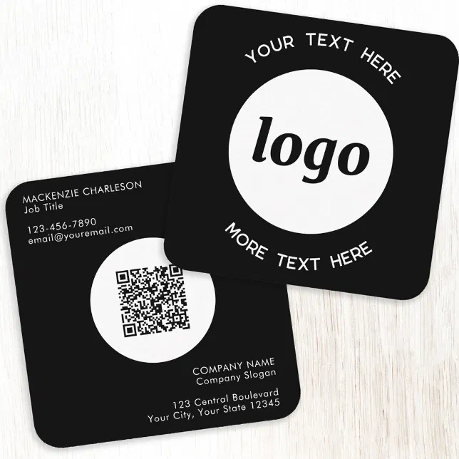 Simple Logo and Text QR Code Black Square Business Card | Zazzle
