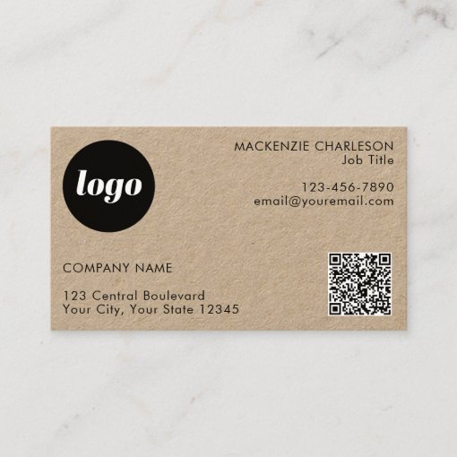 Simple Logo and Text QR Code Kraft Business Card | Zazzle