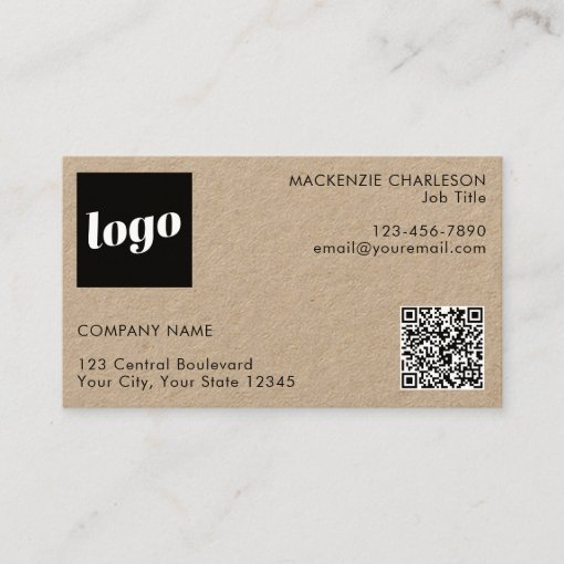 Simple Logo and Text QR Code Kraft Business Card | Zazzle