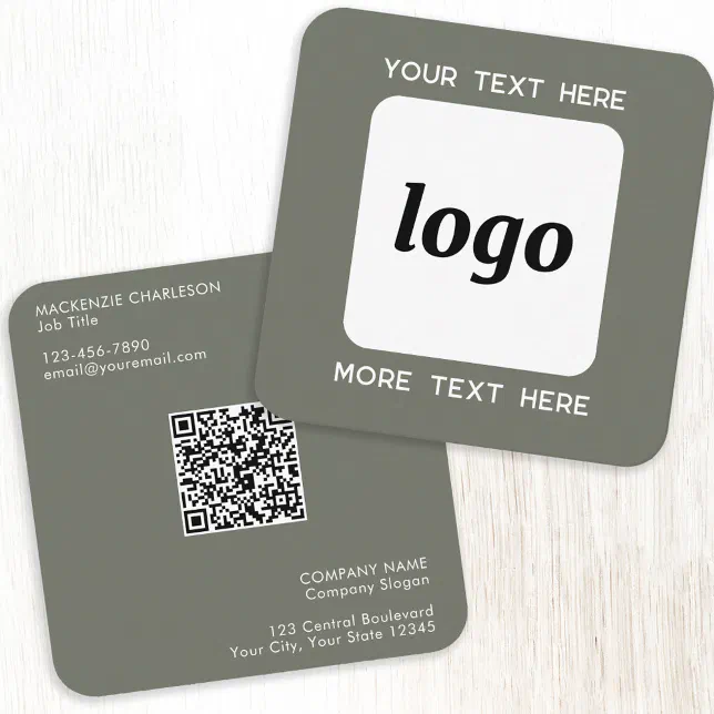 Simple Logo and Text QR Code Sage Green Square Business Card | Zazzle