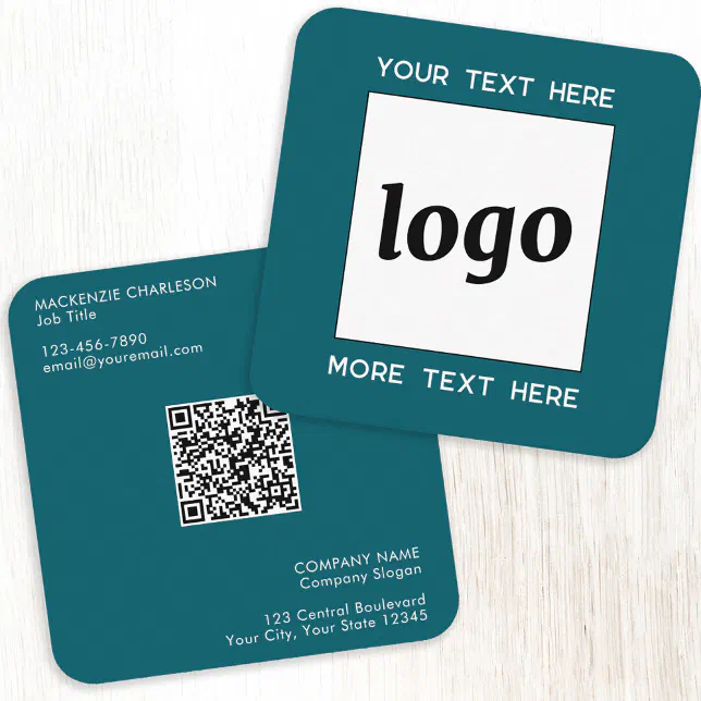 Simple Logo and Text QR Code Teal Green Square Business Card | Zazzle