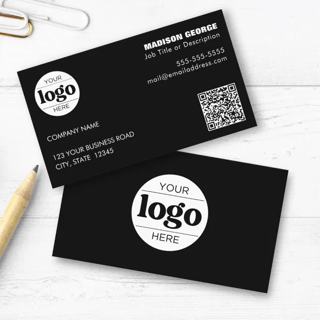Simple Logo Text and QR code Black Business Card | Zazzle