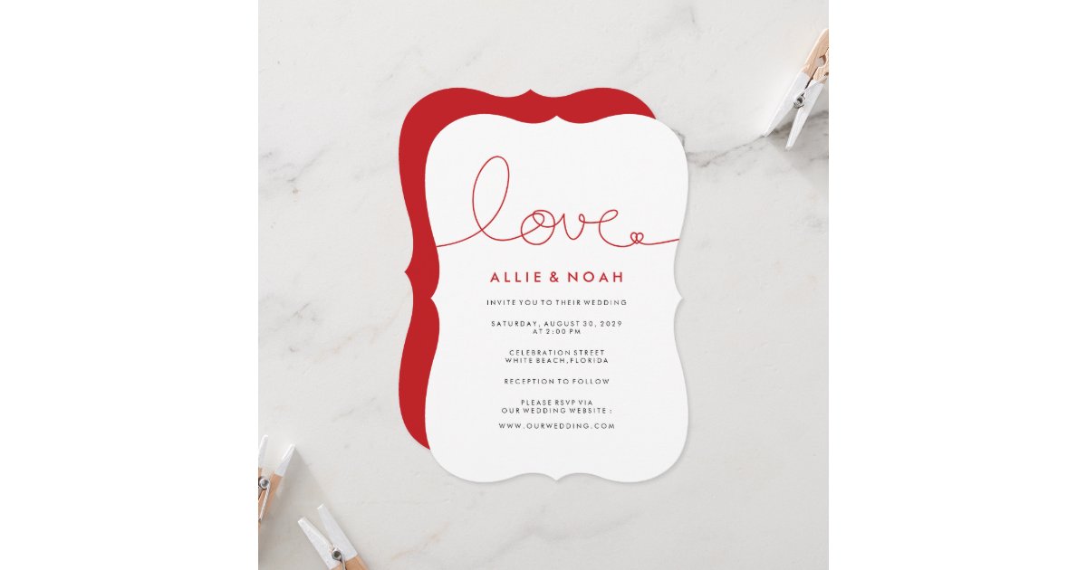 Simple Loopy Love Red Heart Minimalist Wedding Invitation | Zazzle