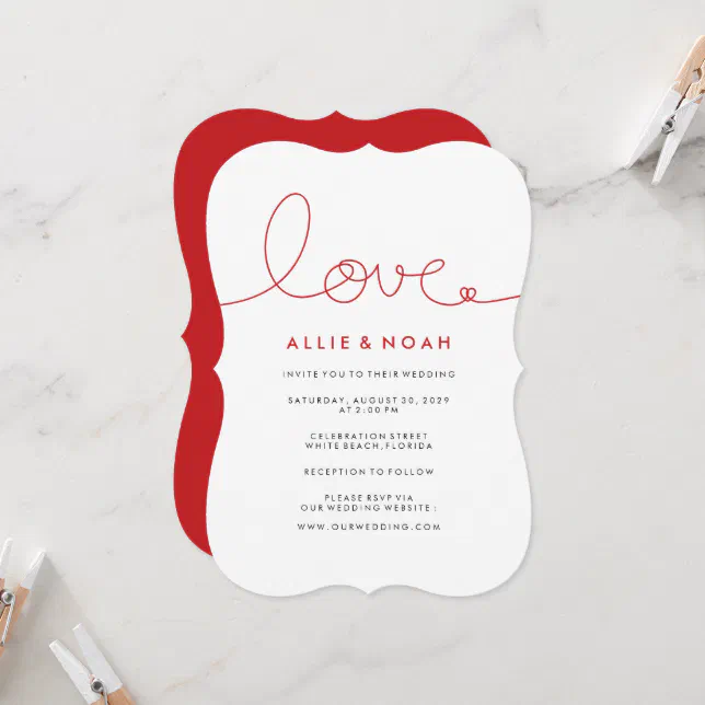 Simple Loopy Love Red Heart Minimalist Wedding Invitation | Zazzle