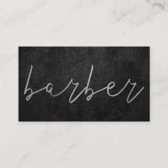 Simple luxury black leather barber silver script business card | Zazzle