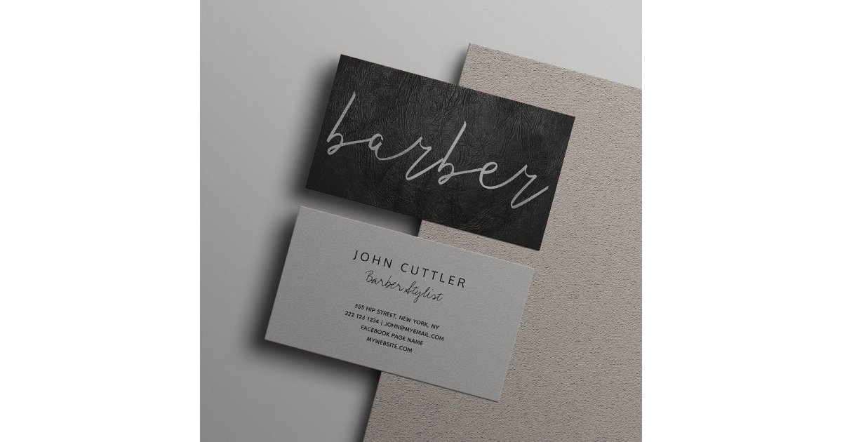 Simple luxury black leather barber silver script business card | Zazzle