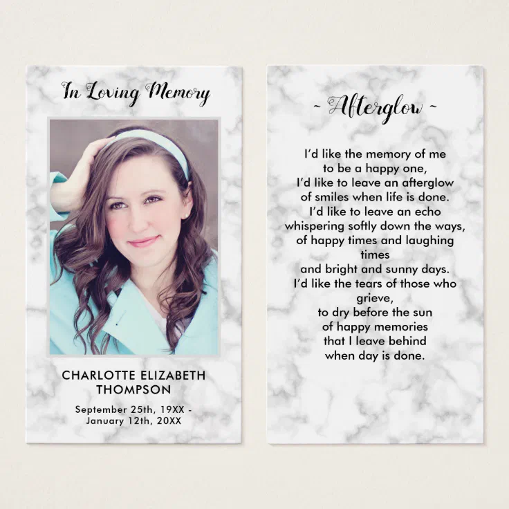 Simple Marble Photo Memorial Funeral Prayer Card | Zazzle