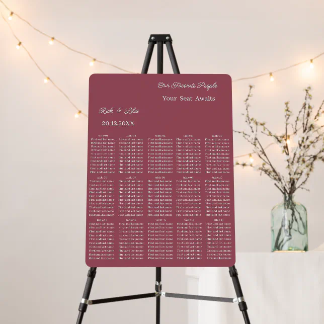 Simple Maroon Personalized Wedding Seating Chart Foam Board | Zazzle