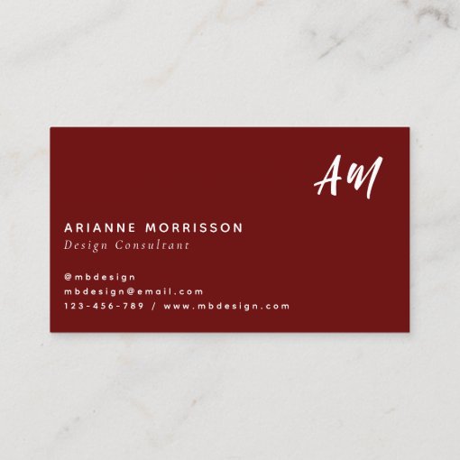 Simple Maroon Red Two Monogram Casual Script Business Card | Zazzle