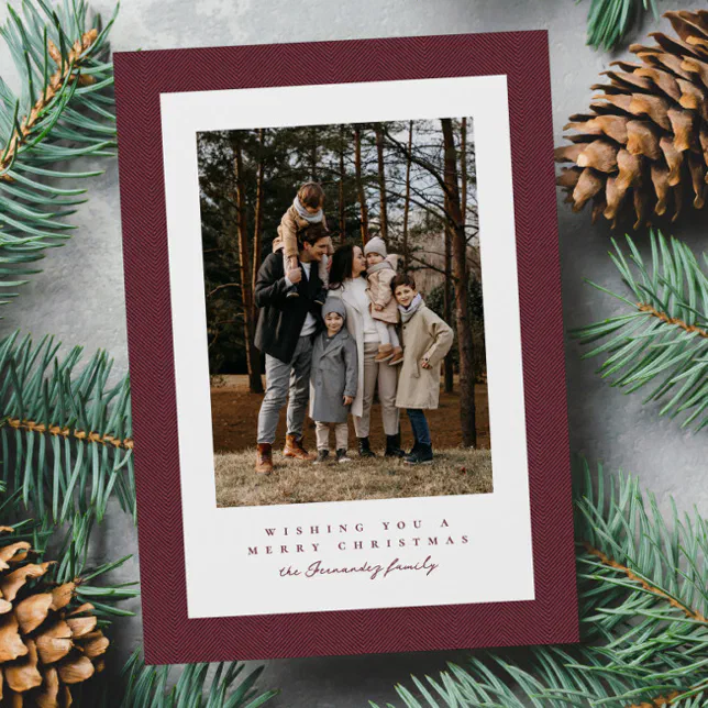 Simple maroon tweed frame Christmas photo Holiday Card | Zazzle