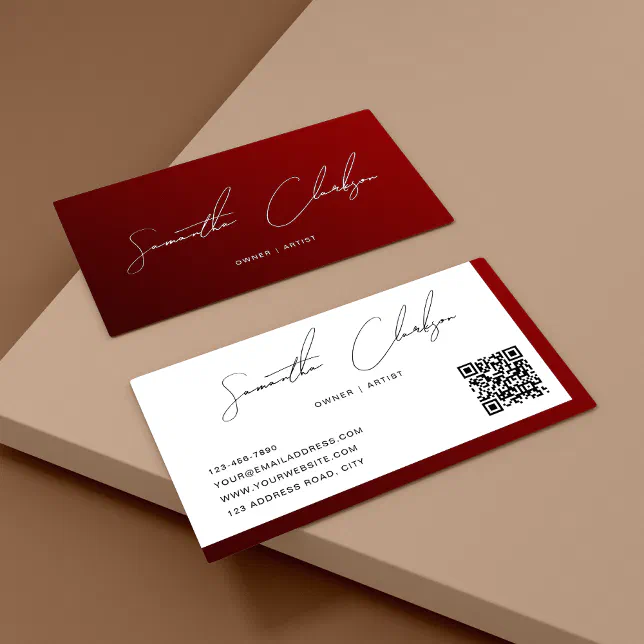 Simple Maroon White Handwritten Script QR code Business Card | Zazzle