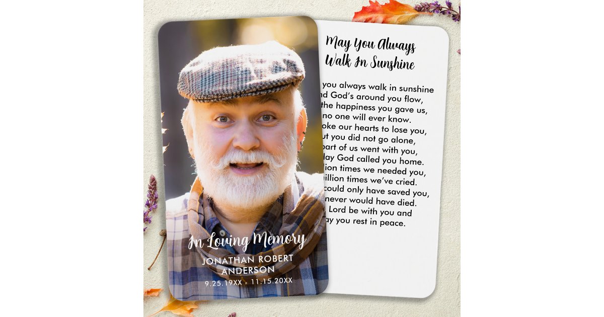 Simple Memorial Modern Photo Sympathy Prayer Card | Zazzle