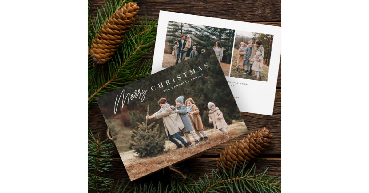 Simple Merry Christmas Script 3 Photo Holiday Card | Zazzle