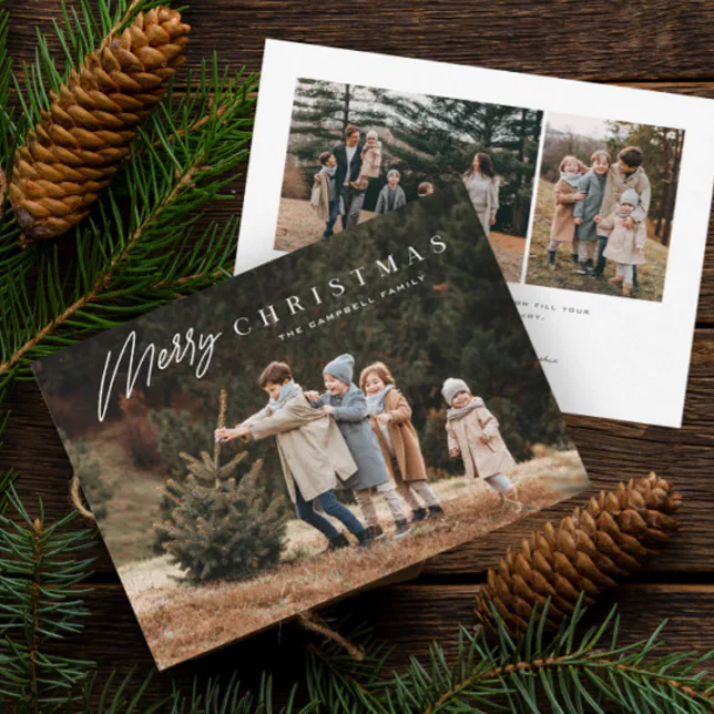 Simple Merry Christmas Script 3 Photo Holiday Card | Zazzle