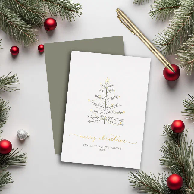 Simple Merry Christmas Tree Script Typography Foil Holiday Card | Zazzle