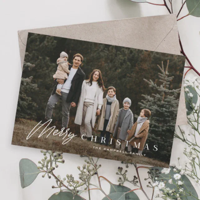 Simple Merry Script 3 Photo Christmas Holiday Card | Zazzle