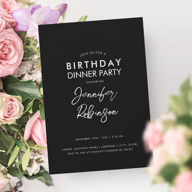 Simple Minimal Black White Birthday Dinner Party Invitation | Zazzle