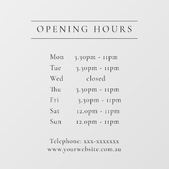 Simple Minimal Elegant Black Opening Hours Timings Window Cling | Zazzle