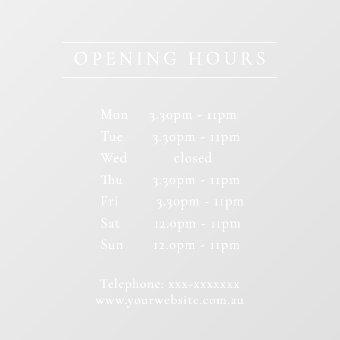 Simple Minimal Elegant White Opening Hours Timings Window Cling | Zazzle