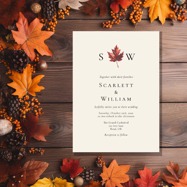 Simple Minimal Fall Leaf Cream Monogram Wedding Invitation | Zazzle