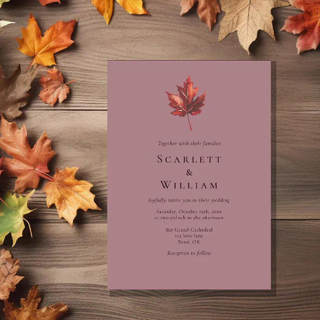 Simple Minimal Fall Leaf Mauve Wedding Invitation | Zazzle