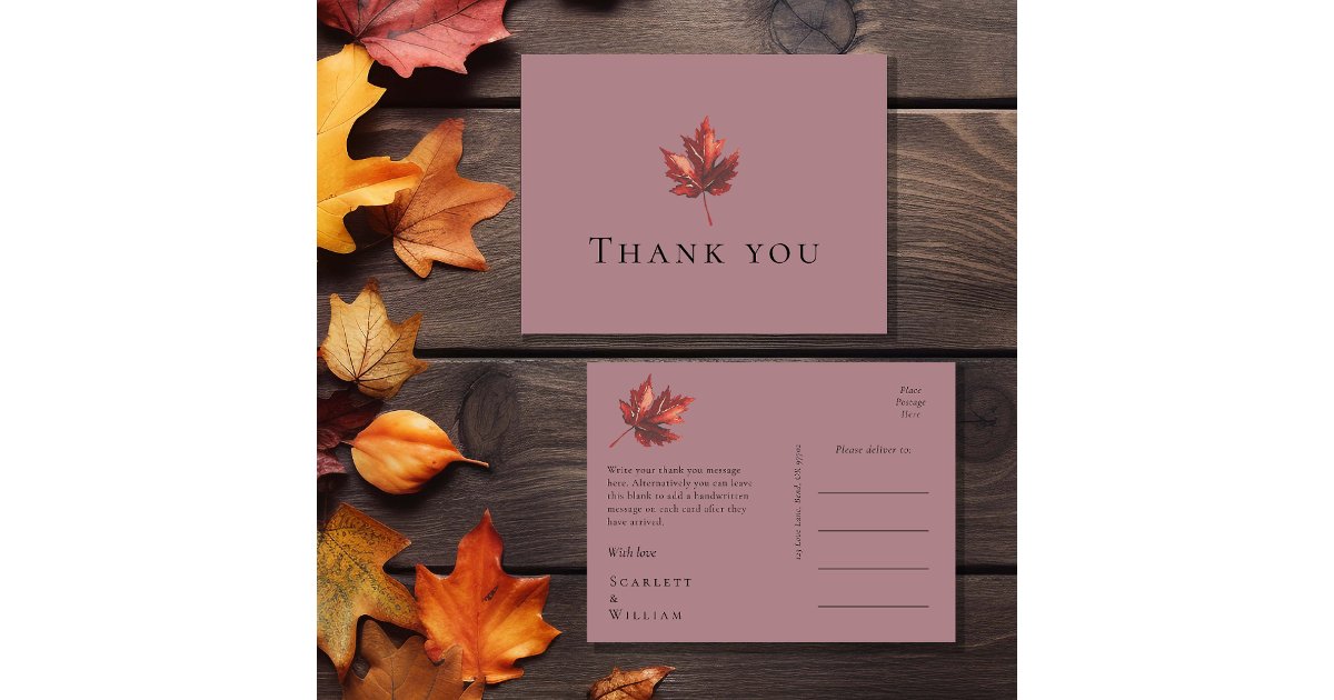 Simple Minimal Fall Leaf mauve Wedding Thank You Postcard | Zazzle