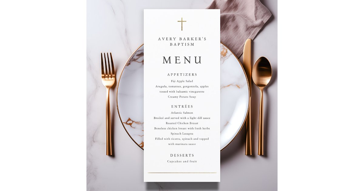 Simple Minimal Gold Cross Baptism Menu | Zazzle
