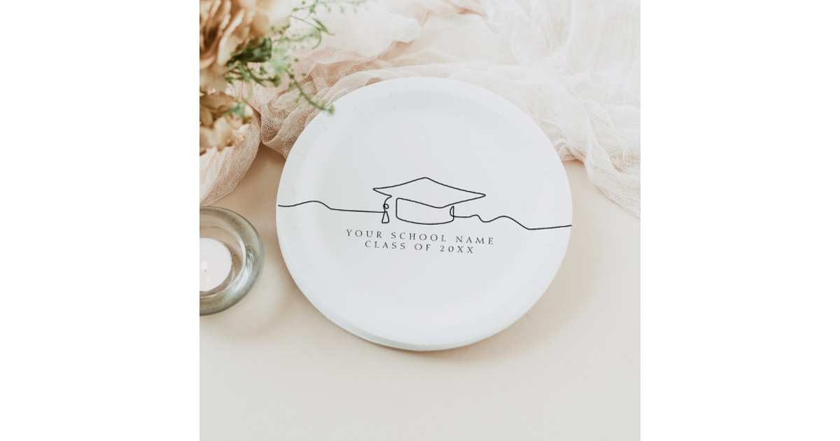 Simple Minimal Line Art Graduation Cap Paper Plates | Zazzle