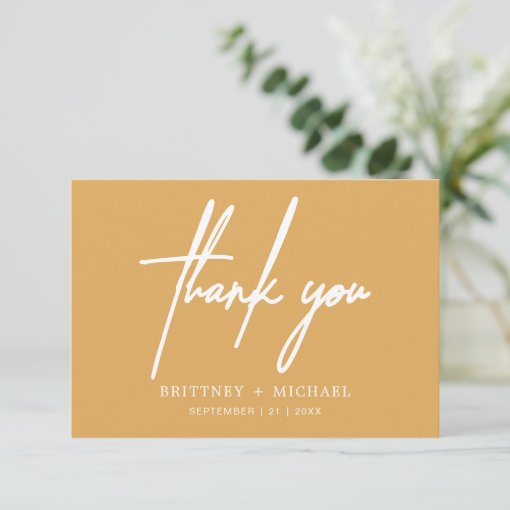 Simple Minimal Modern Script Mustard Yellow Thank You Card | Zazzle